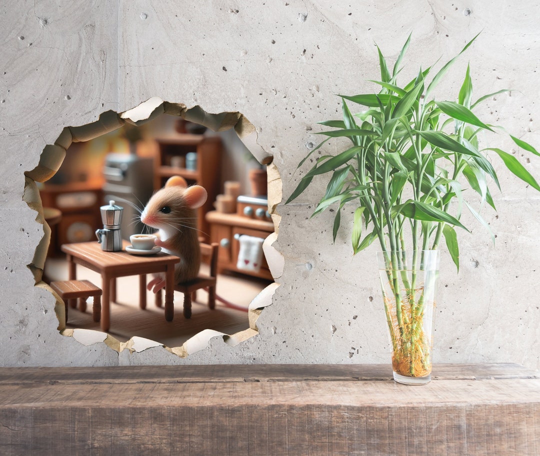 Mouse Drinking Coffee - Whimsical Mouse Hole Wall Decal Sticker - 3D ...