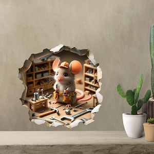 Mouse Handyman - Whimsical Mouse Hole Wall Decal Sticker - 3D Cute Home ...
