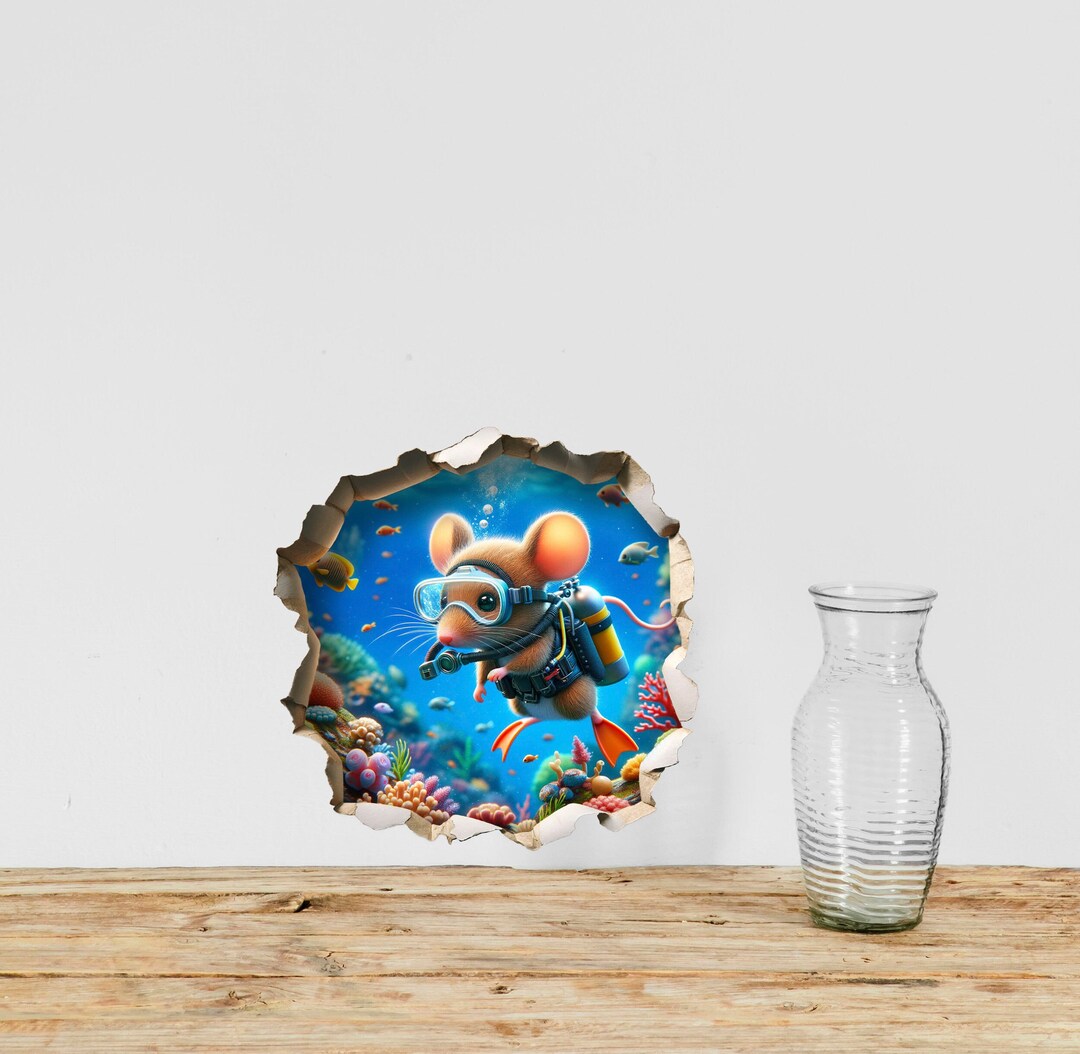 Mouse Diving - Whimsical Mouse Hole Wall Decal Sticker - 3D Cute Home ...