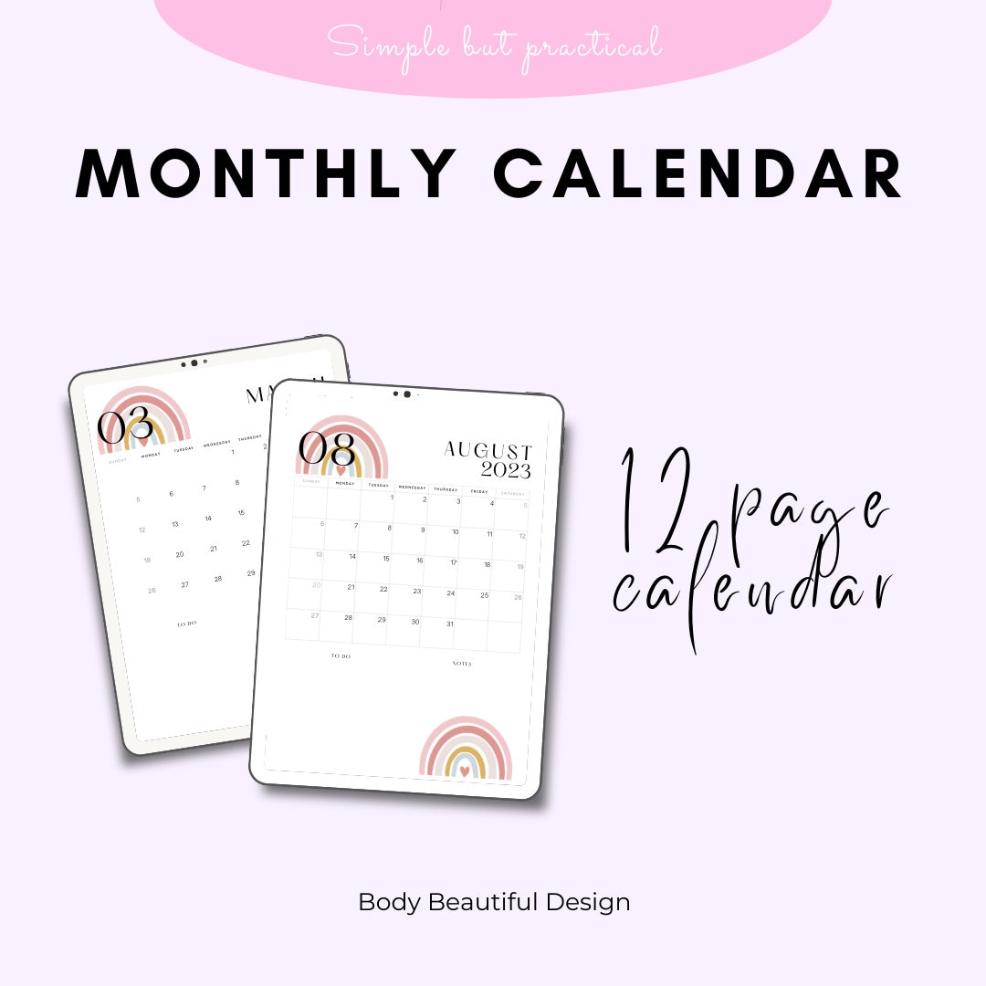 Rainbow Monthly Calendar, Printable Monthly Planner, Month by Month ...