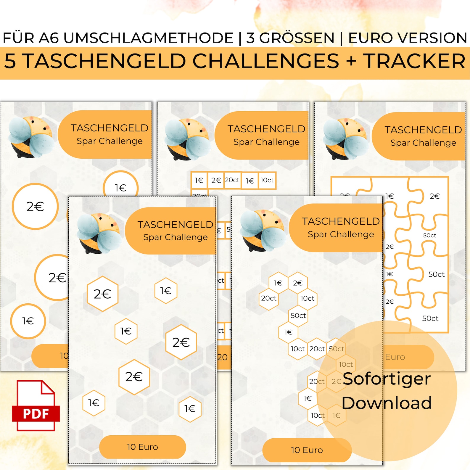 5 Taschengeld Spar Challenges + Tracker Für A6 Umschläge Umschlagmethode | 3 Größen | Digitaler ...