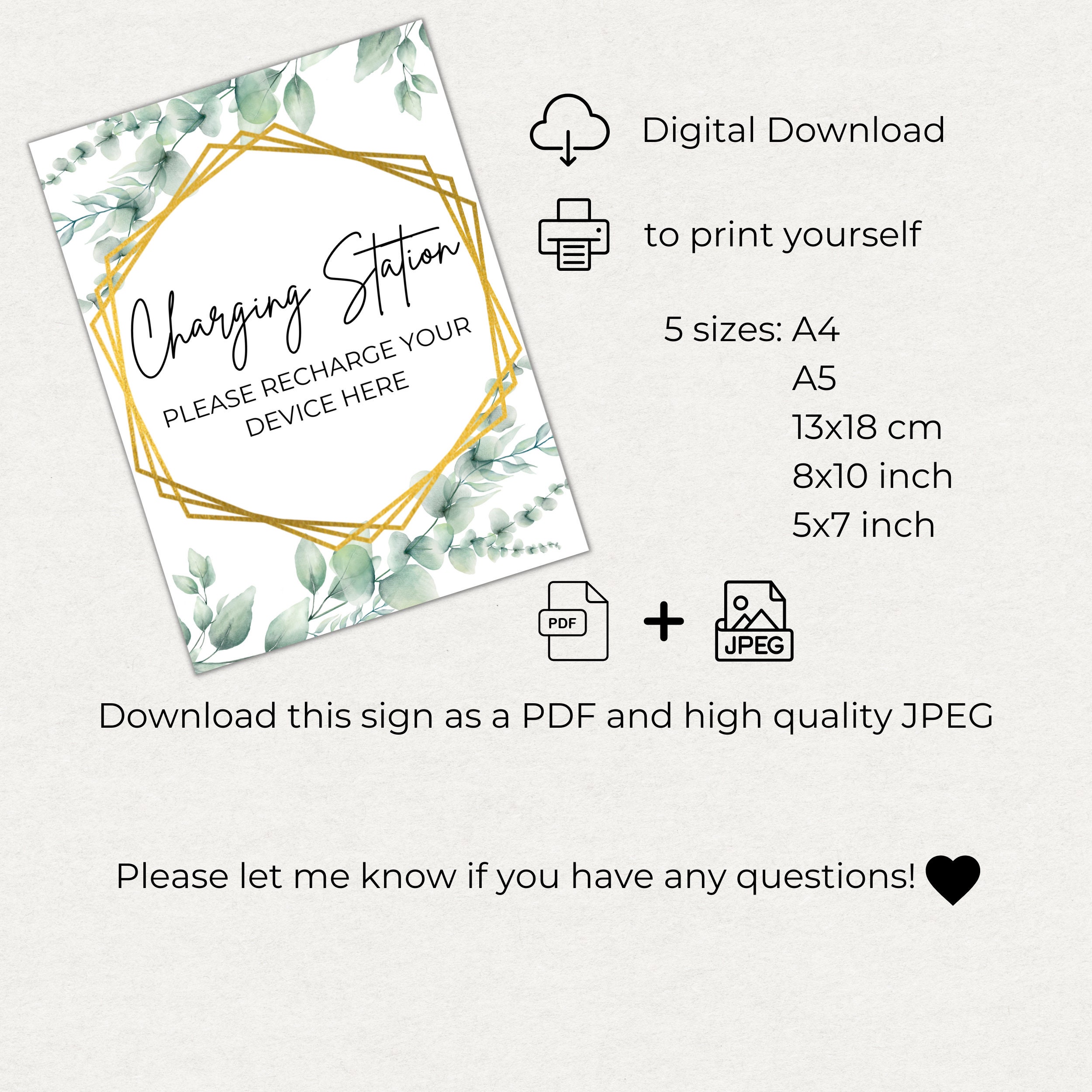 Charging Station Wedding Sign Decor Greenery Eucalyptus Hexagon ...