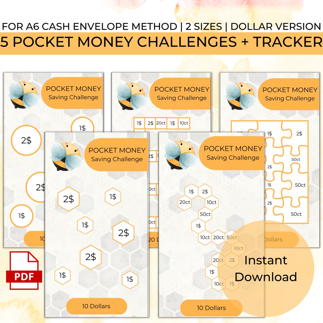 5 Pocket Money Saving Challenges + Tracker DOLLAR for A6 Cash Envelope ...