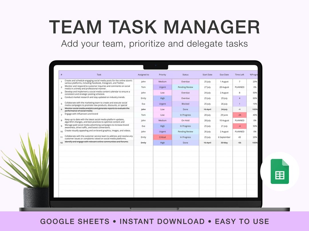 Team Task Tracker for Google Spreadsheet - Task Management Template ...