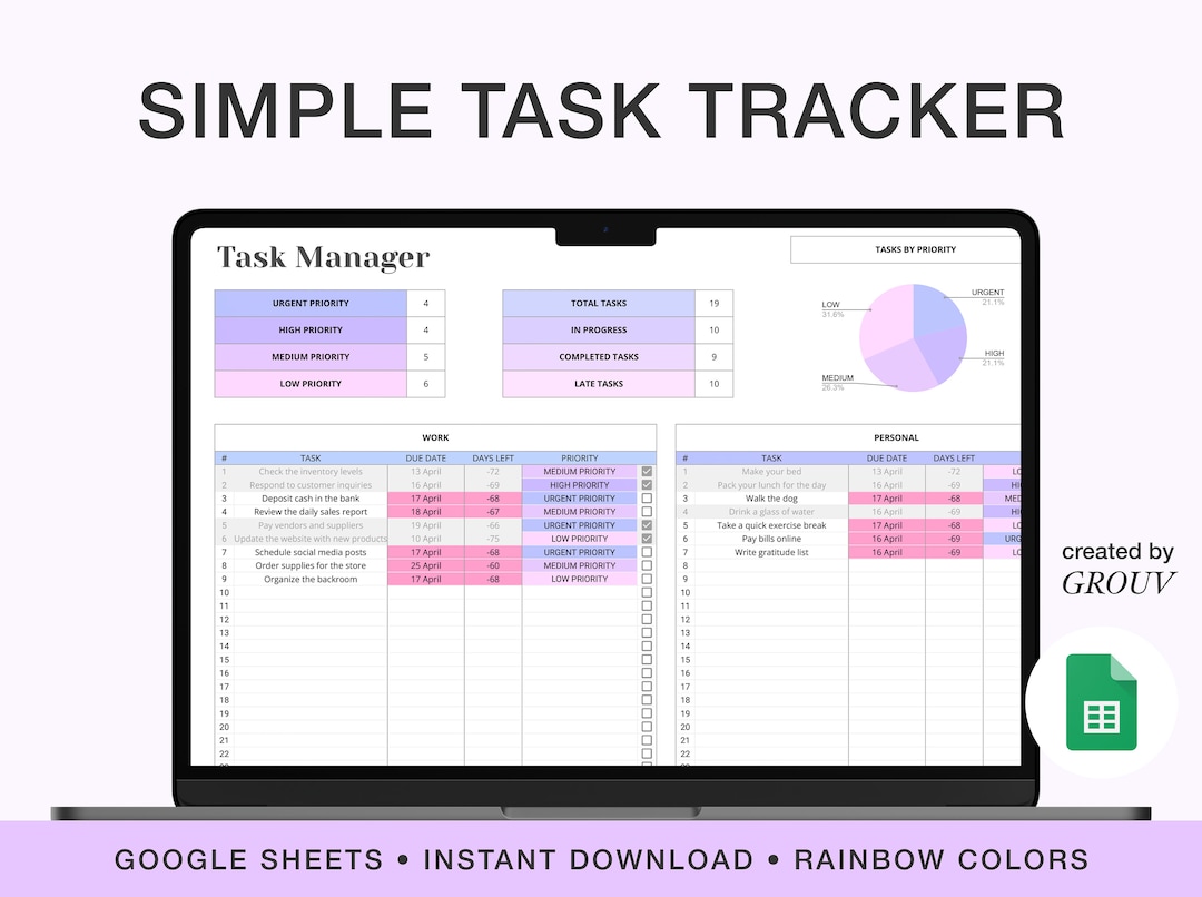 Task Tracker for Google Spreadsheet, Digital to Do List, Task Planner ...