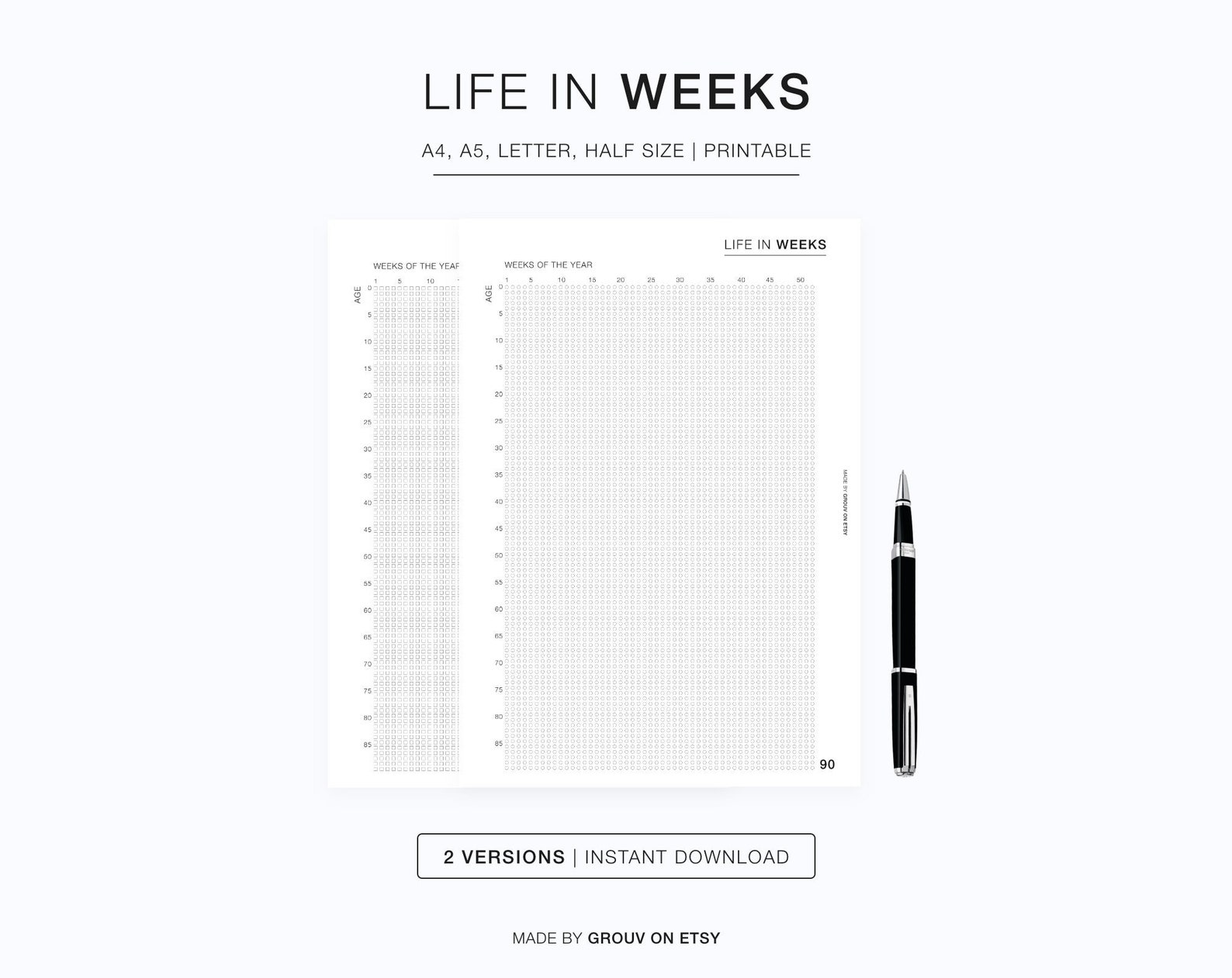 Minimal Life in Weeks Printable, Life in Weeks Template, Productivity ...