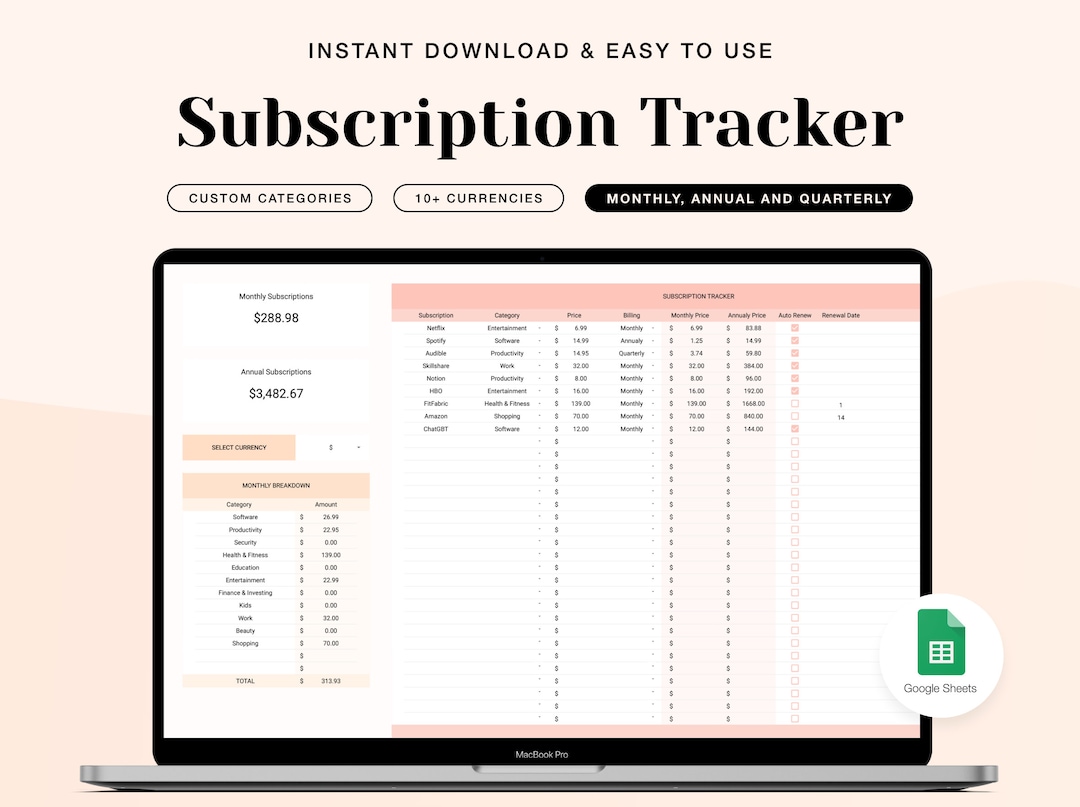 Subscription Tracker Google Sheet: Monthly Spending Organizer (digital ...