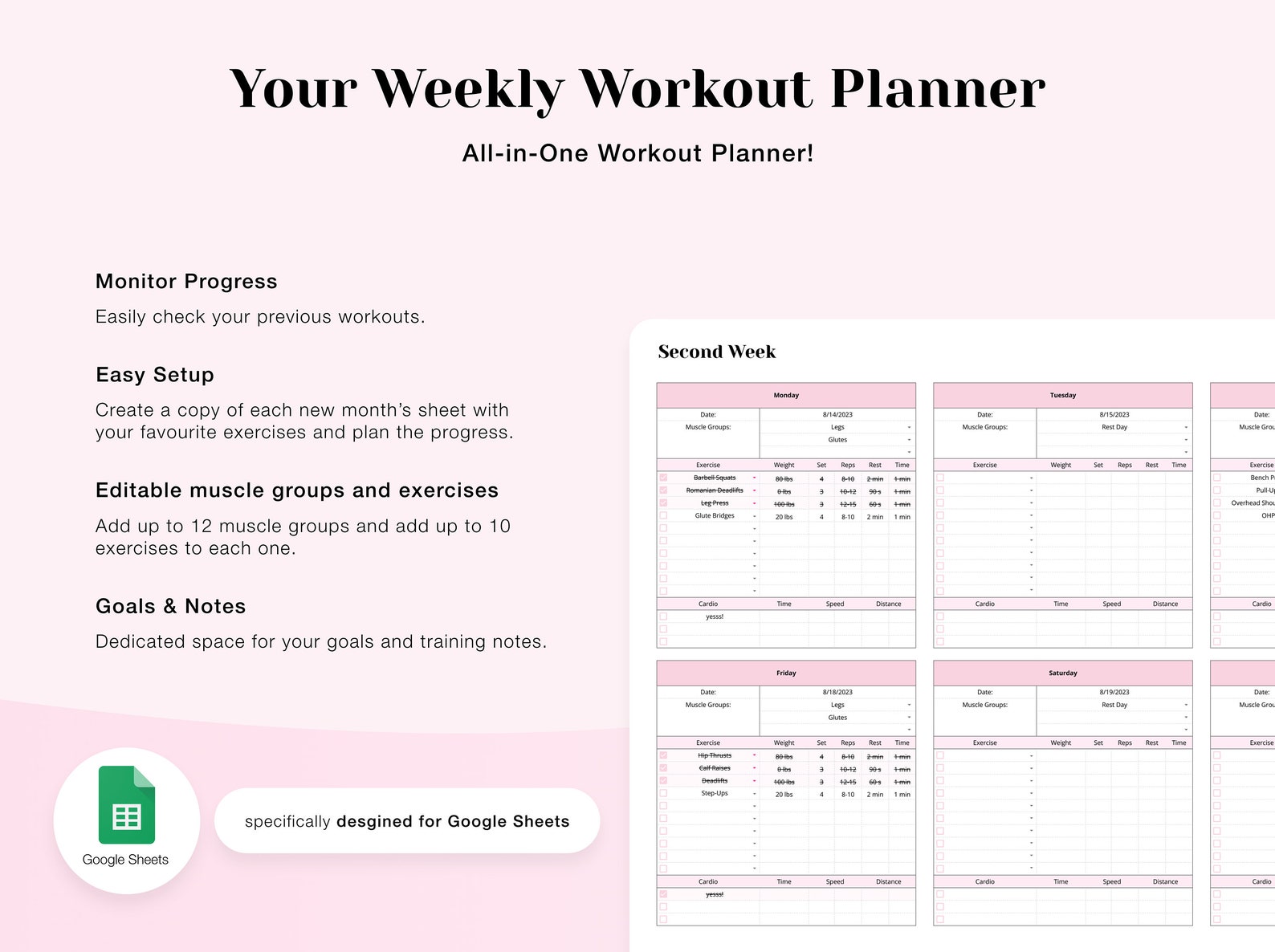 Workout Planner for Google Spreadsheet, Fitness Planner Template ...