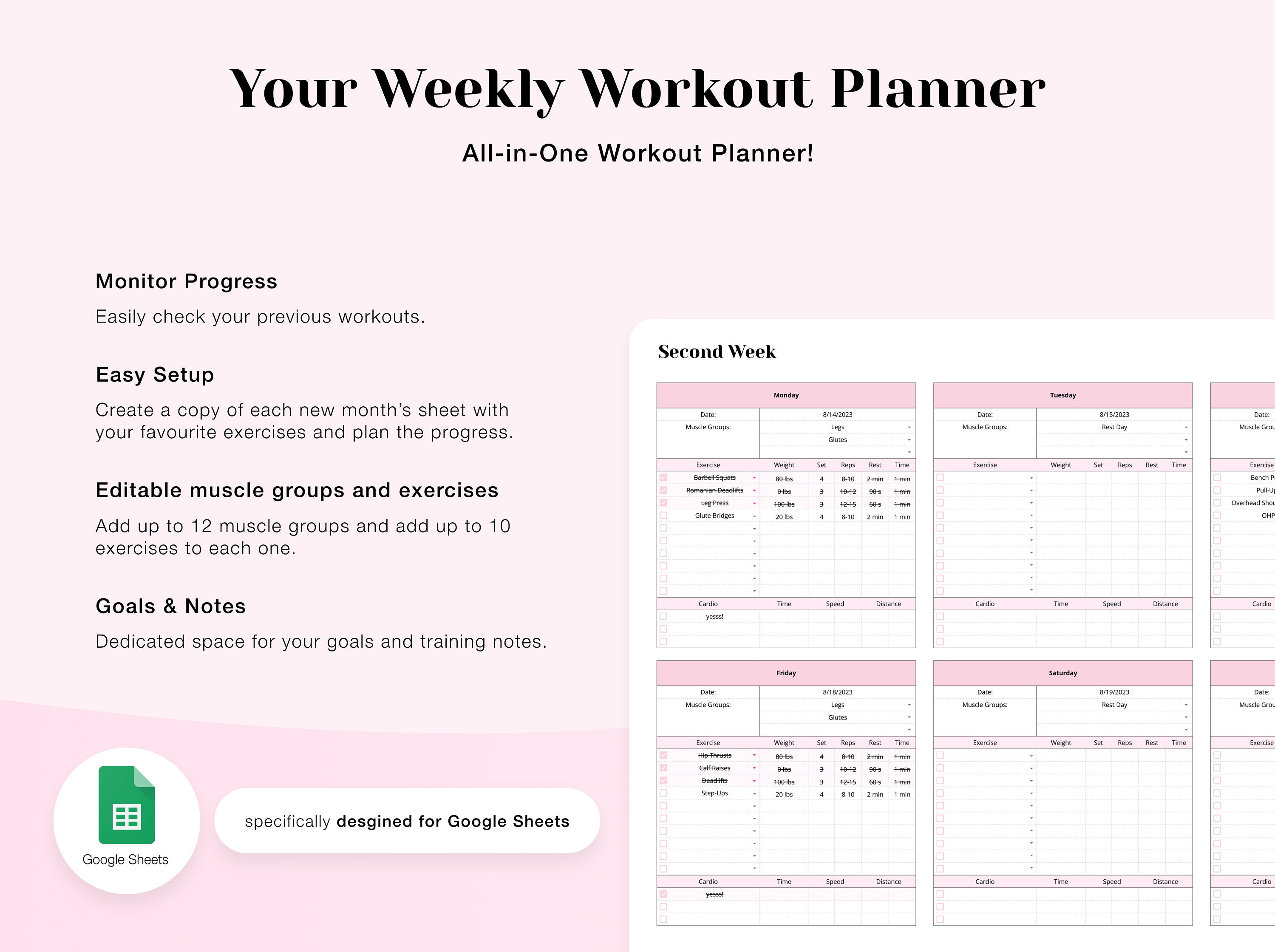Workout Planner for Google Spreadsheet, Fitness Planner Template ...