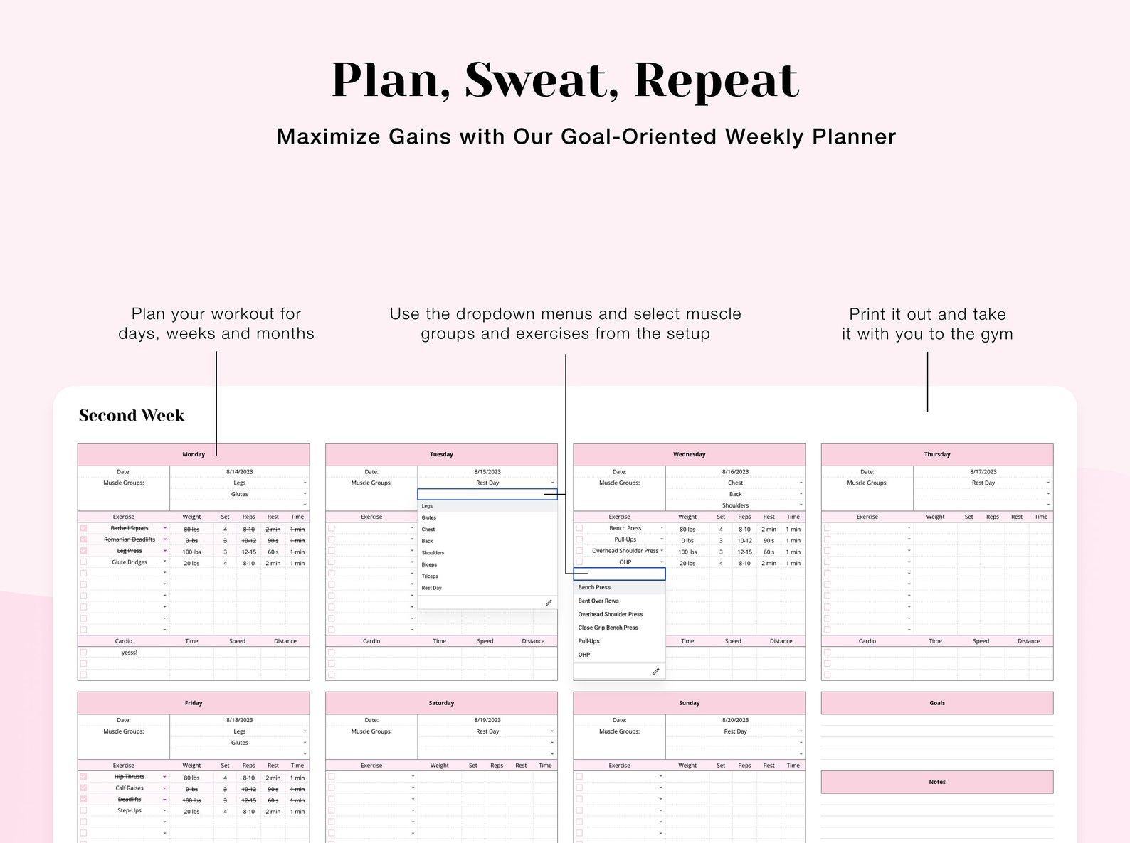 Workout Planner for Google Spreadsheet, Fitness Planner Template ...