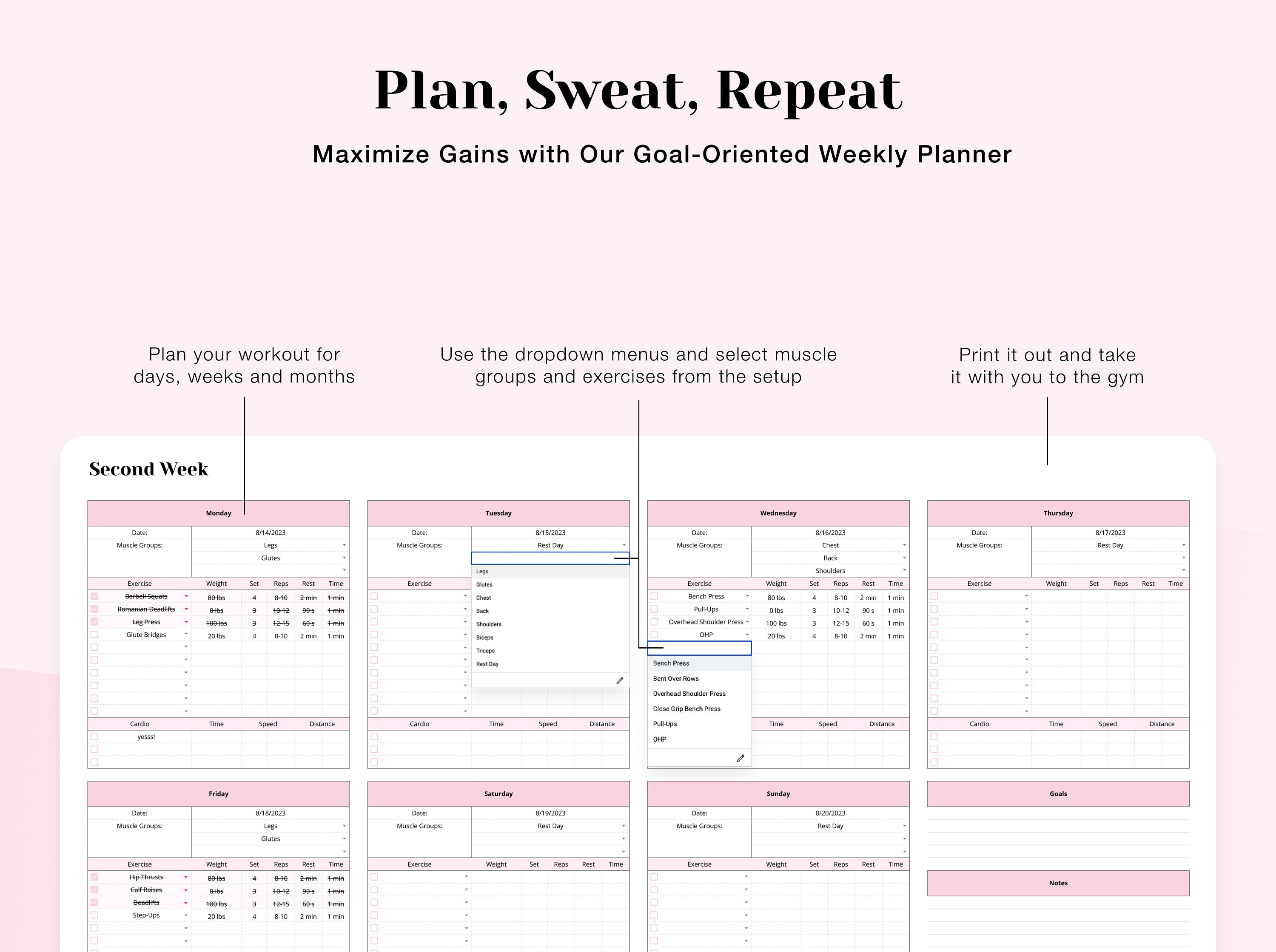 Workout Planner for Google Spreadsheet, Fitness Planner Template ...