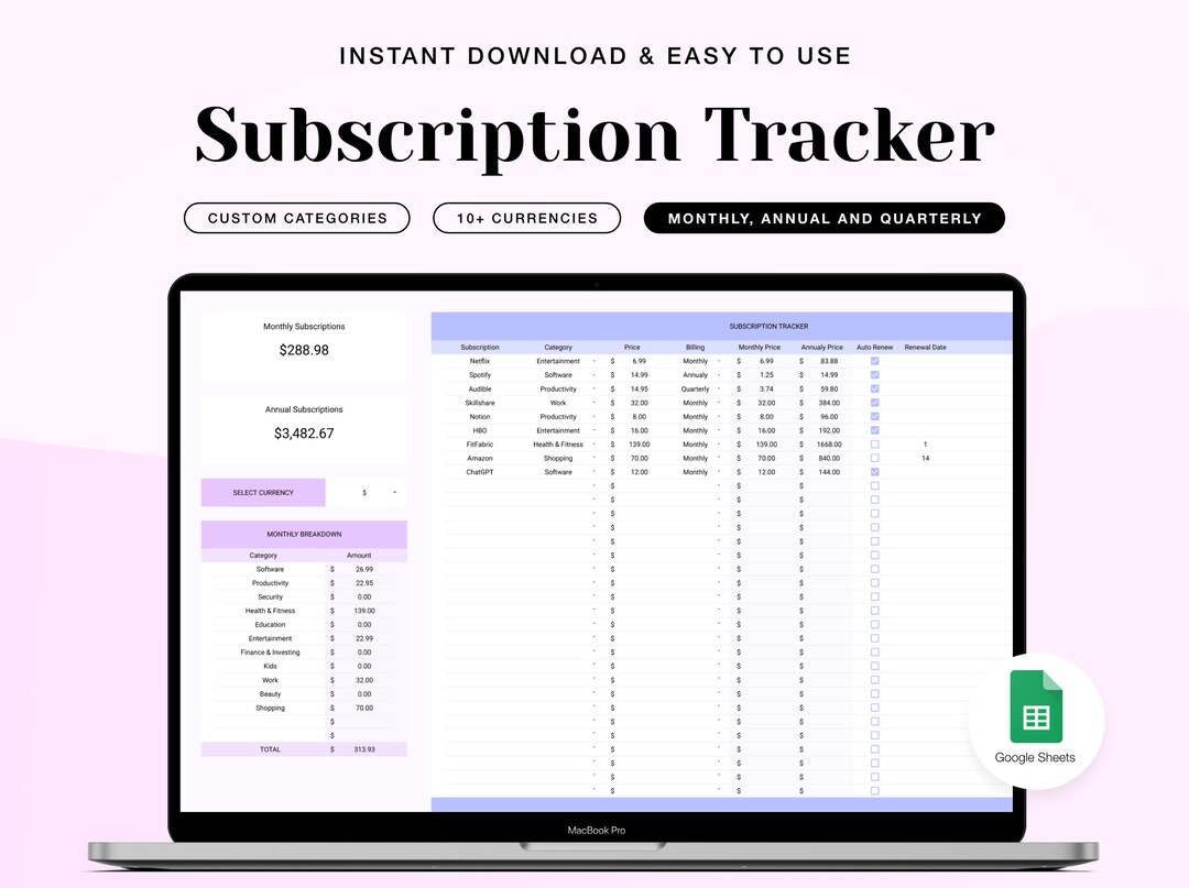 Subscription Tracker for Google Spreadsheet, Monthly Payment Tracker ...