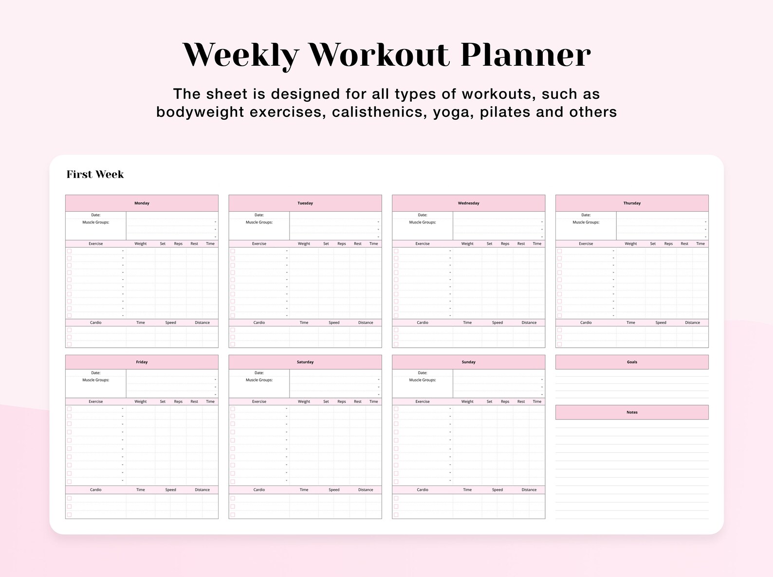 Workout Planner for Google Spreadsheet, Fitness Planner Template ...