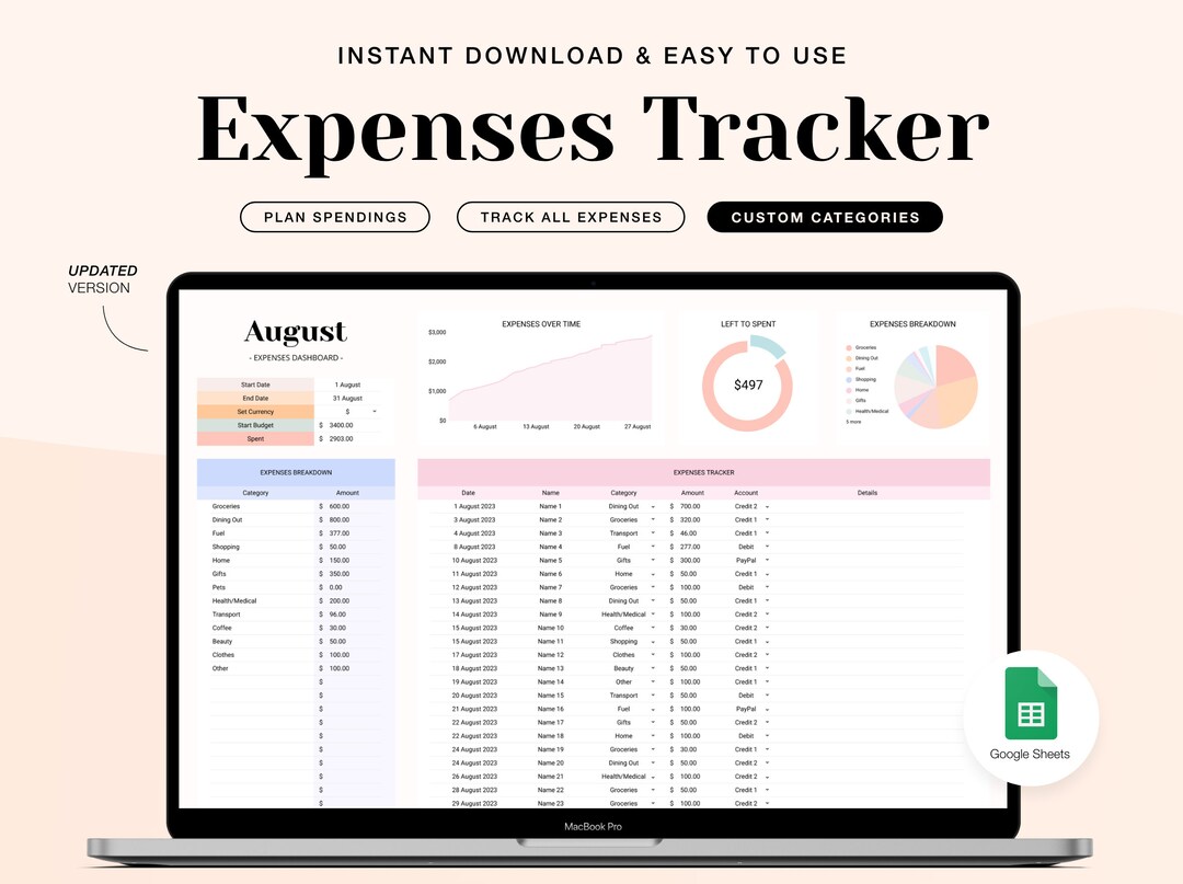 Expense Tracker Google Spreadsheet, Expenses Tracker Sheet, Spending ...