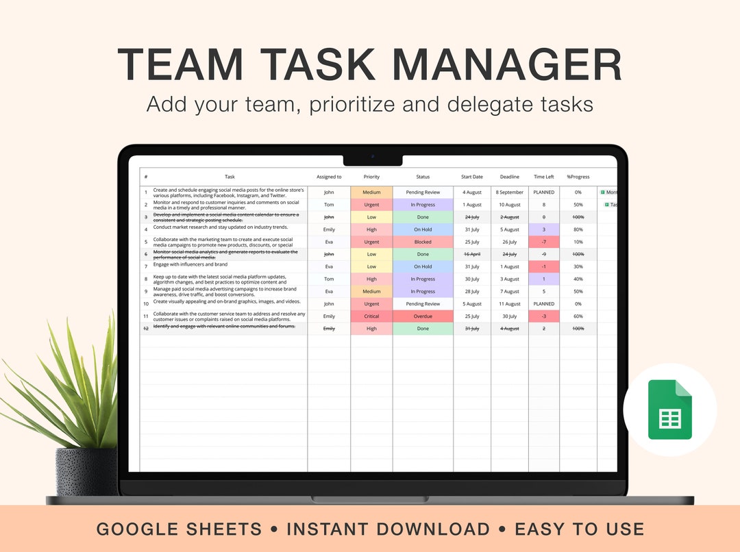 Team Task Tracker for Google Spreadsheet - Task Management Template ...