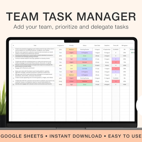 Task Management Google Sheets Template - Etsy