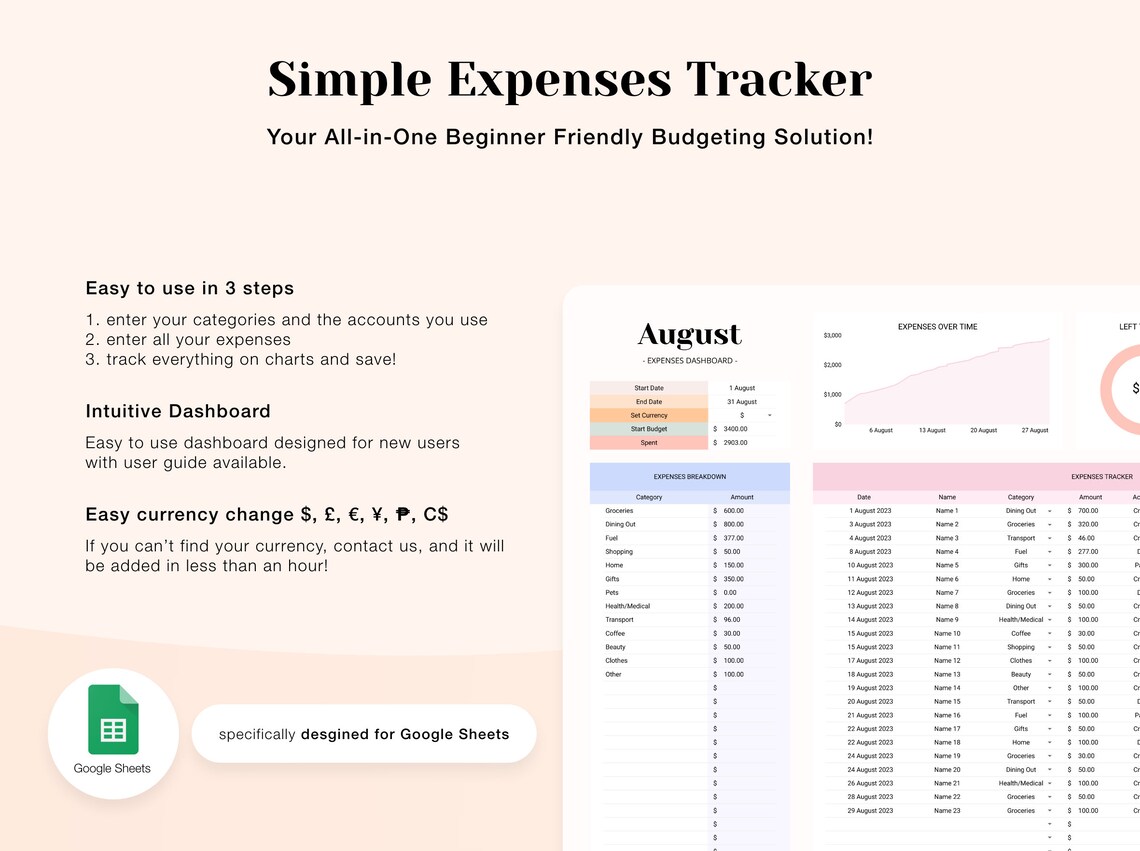 Expense Tracker Google Spreadsheet, Expenses Tracker Sheet, Spending ...