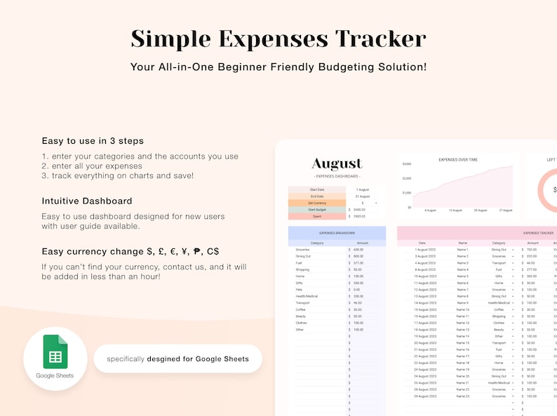 Expense Tracker Google Spreadsheet, Expenses Tracker Sheet, Spending ...