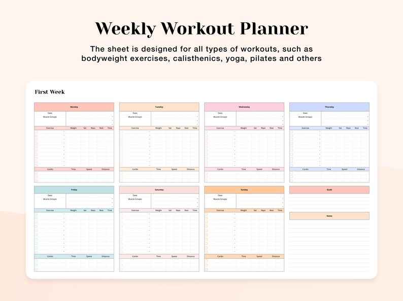 Workout Planner Spreadsheet: Fitness Tracker, Gym Checklist (digital ...