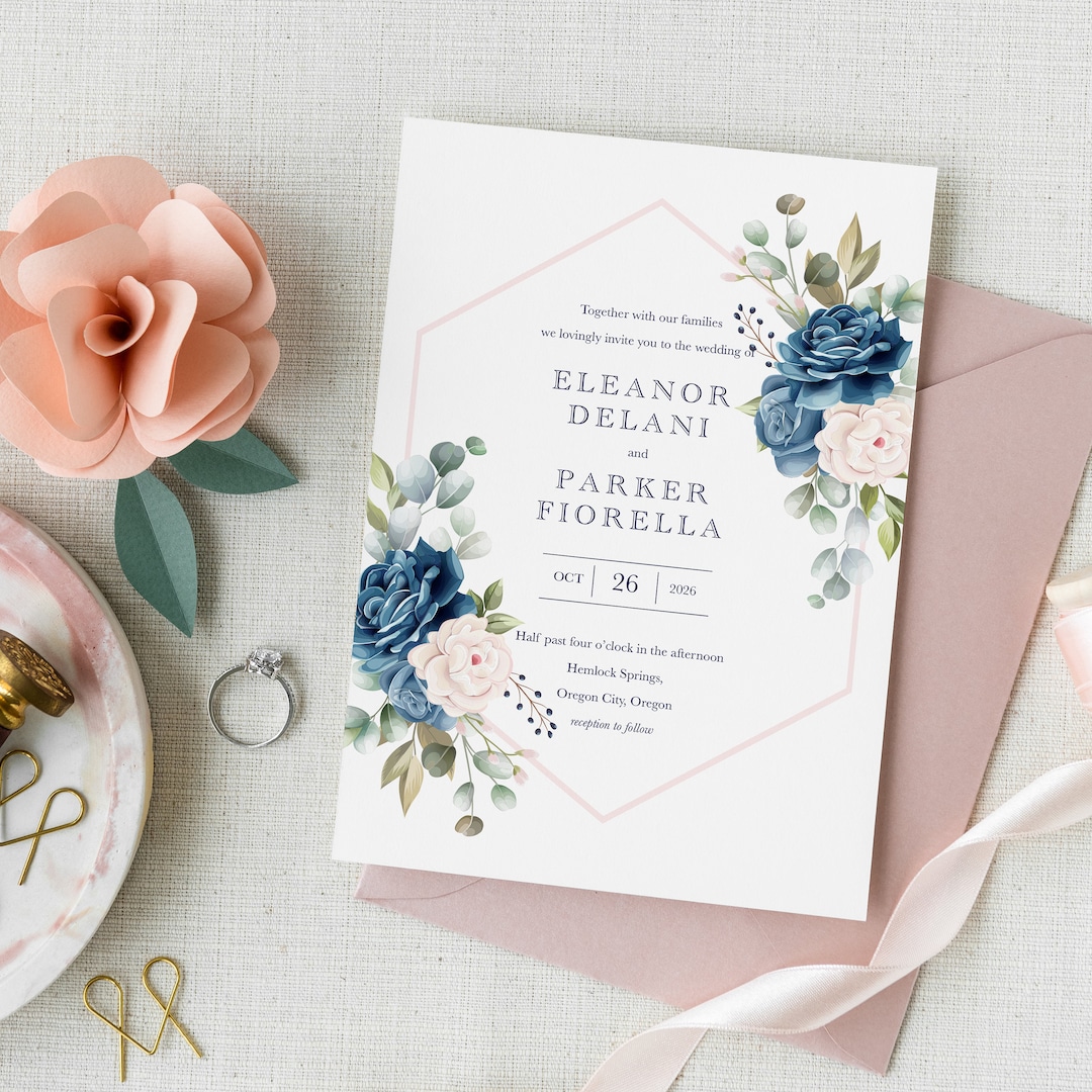 Elegant Blue and Pink Wedding Invitation Set - Etsy