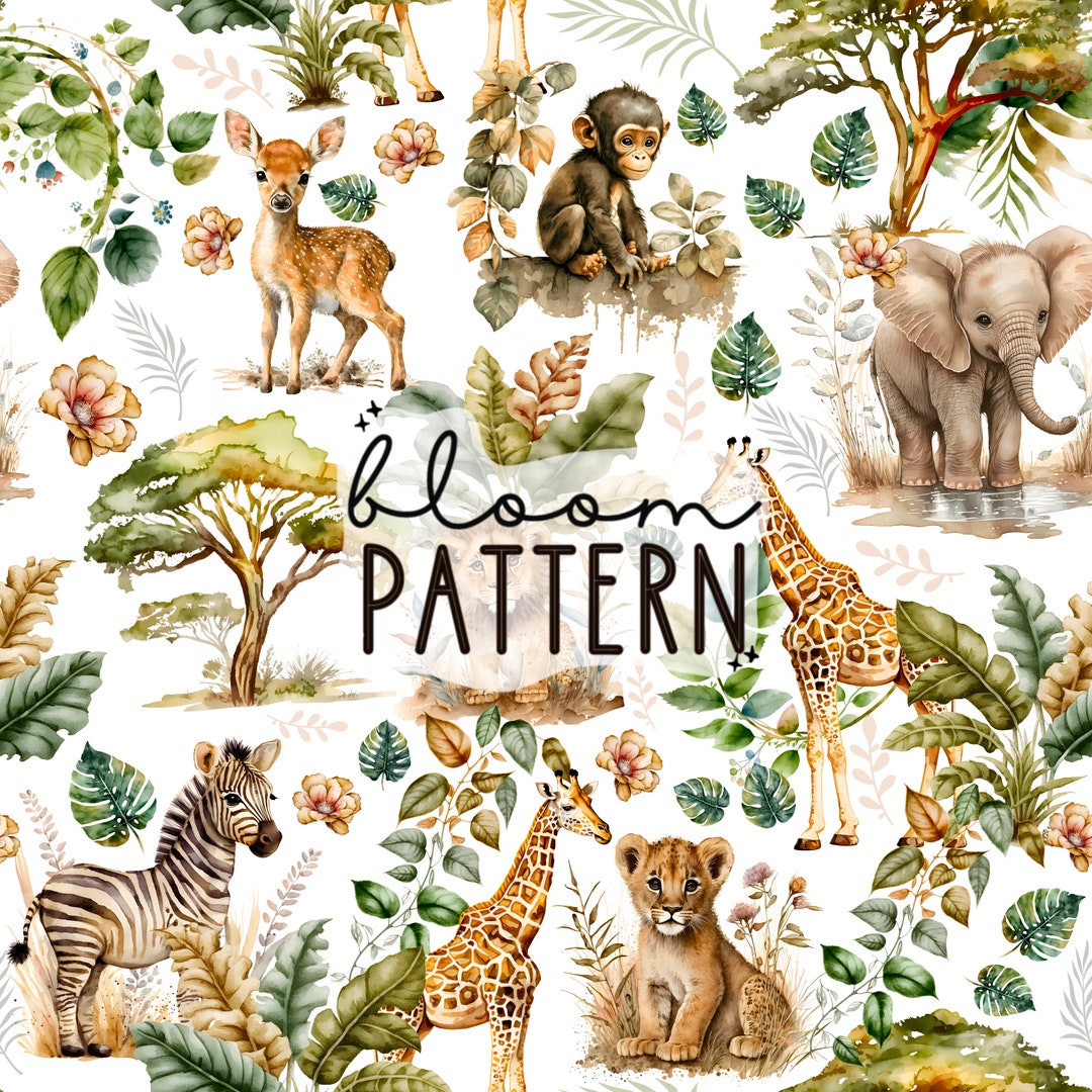 Jungle Animals Seamless Pattern, Boho Aquarela Jungle Animals Seamless ...