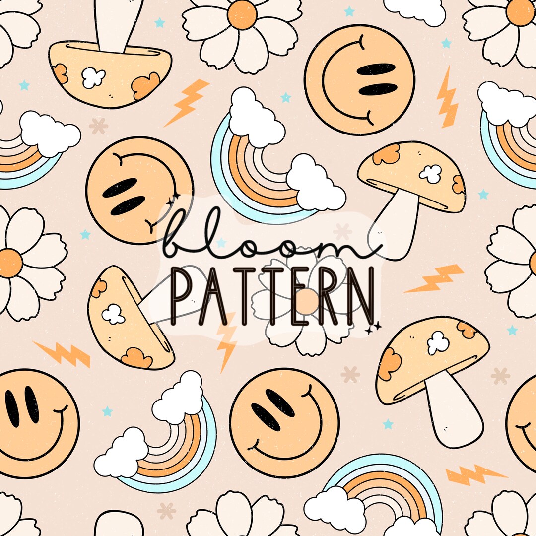 Retro Smiley Face Seamless Pattern, Flower Power Seamless, Boho Rainbow ...