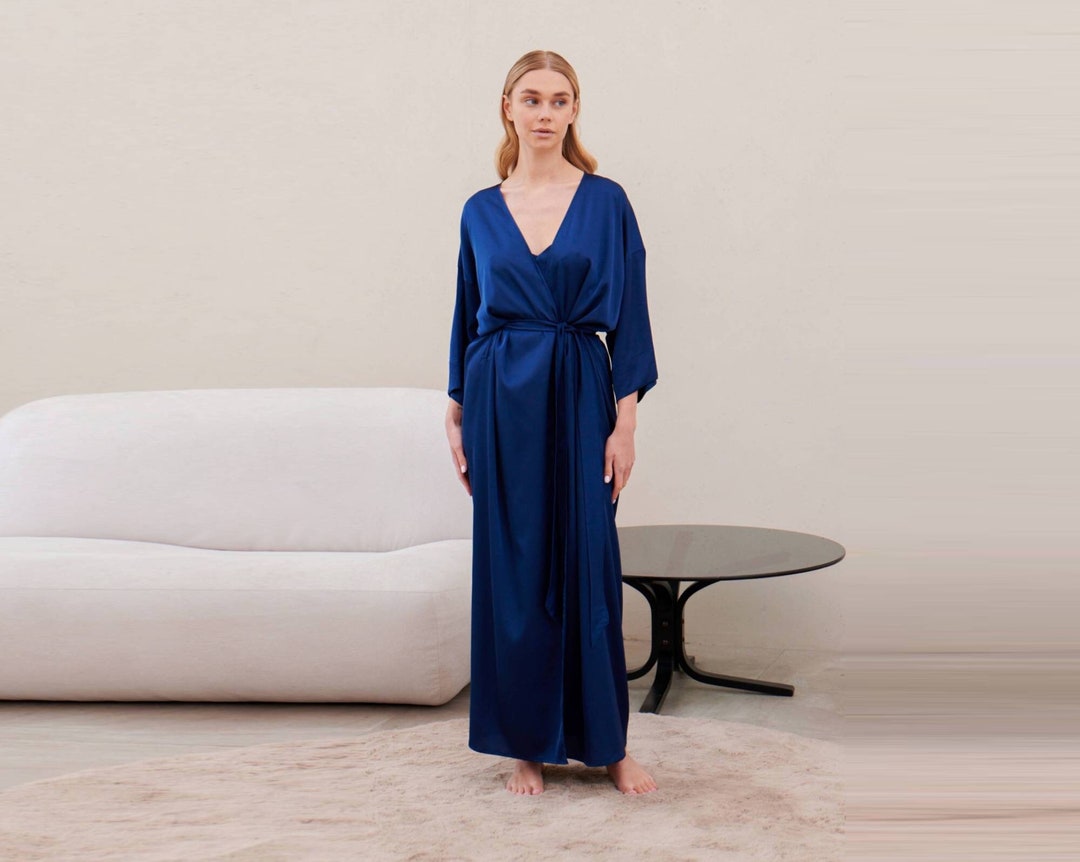 Blue Silk Robe, Silk Dressing Gown, Navy Robe, Anniversary Gift, Maxi ...