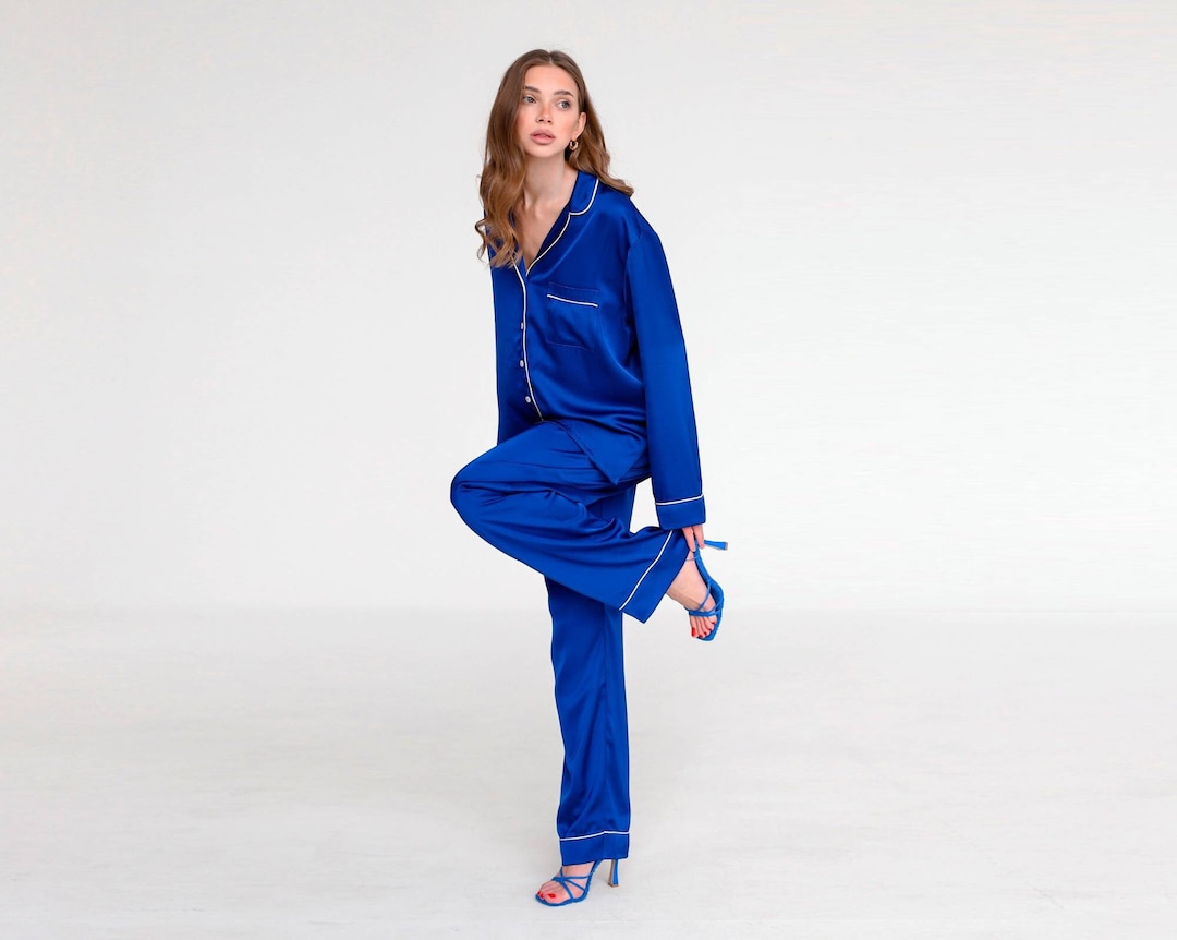 Blue Satin Pajamas Set, Women's Loungewear - Etsy