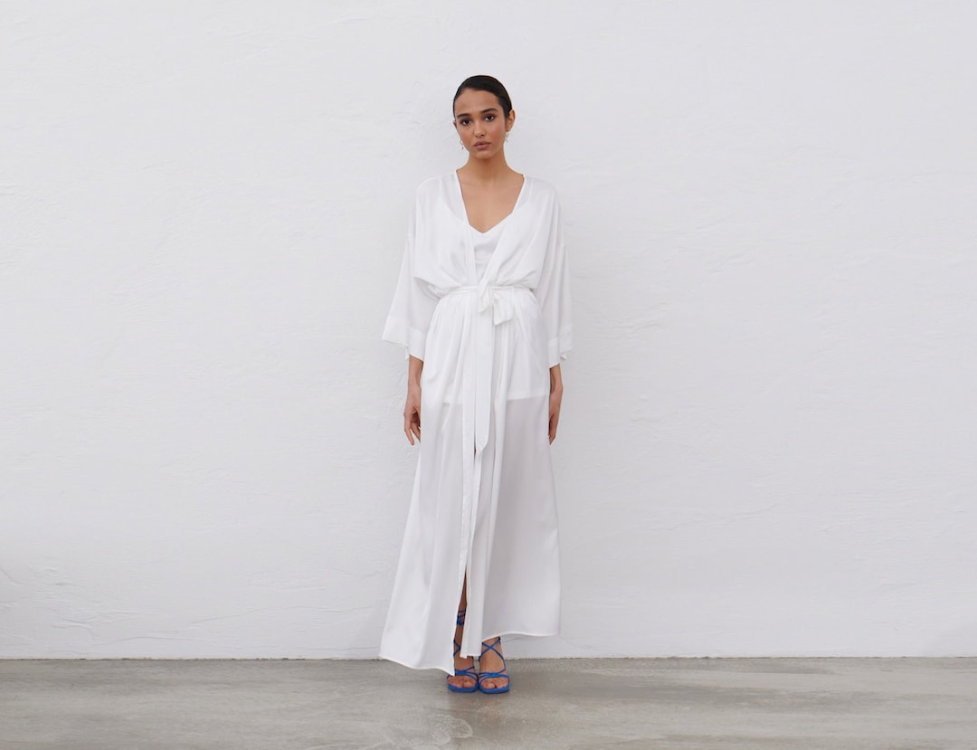 Bridal Robe With Wide Sleeves Bride Robe Long White Robe Satin Silk ...