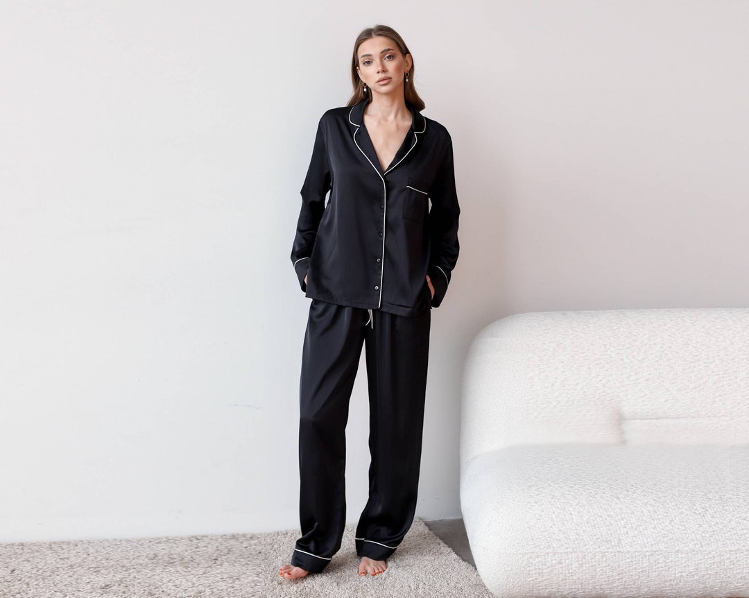 Black Satin Pajama, Christmas Satin Pajamas, Bridesmaid Pajamas, Satin ...