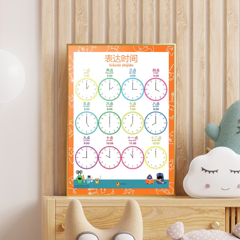 Telling Time Poster Simplified Chinese Kids Clocks Print Classroom ...
