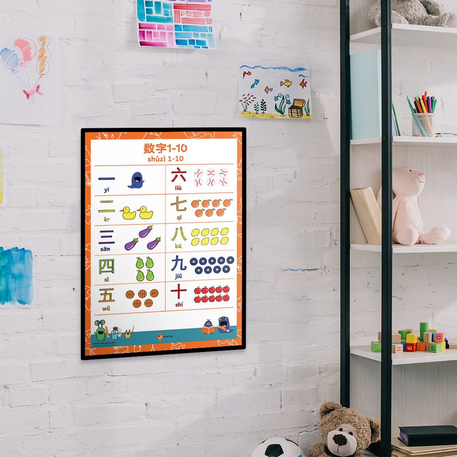 Math Poster Kids Numbers Simplified Chinese Classroom Decor One to Ten ...