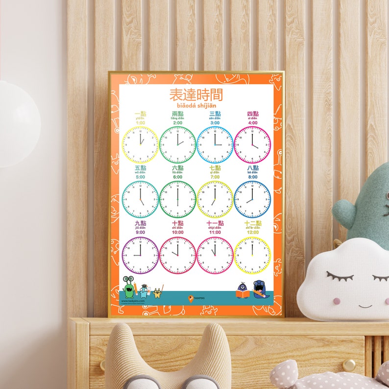 Telling Time Poster Traditional Chinese Kids Clocks Print Classroom ...