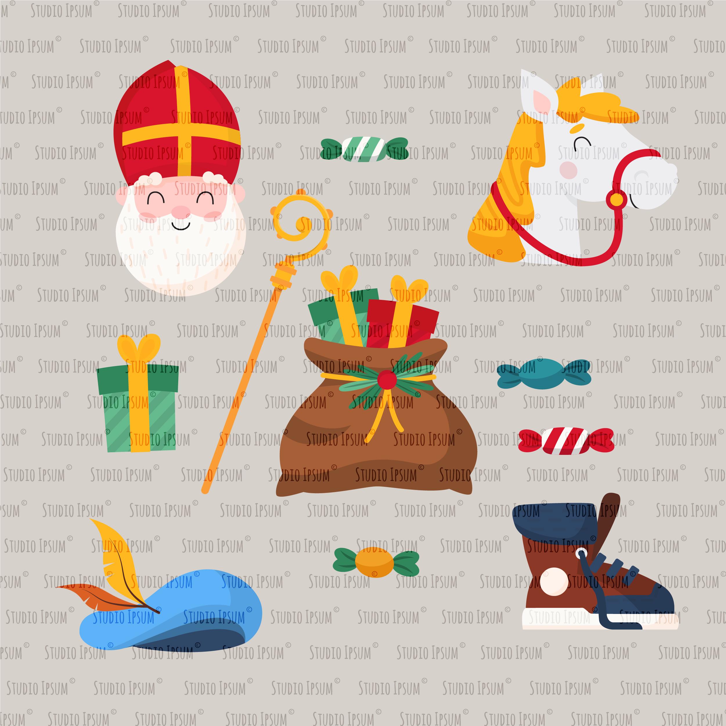 Sinterklaas or Saint Nicholas Symbols - Cookies, Gift, Horse Amerigo ...