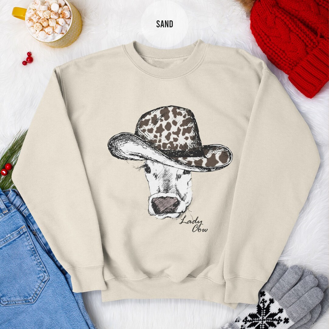 Cow Sweatshirt With Hat, Cow Print Sweatshirt, Christmas Cow Sweatshirt ...