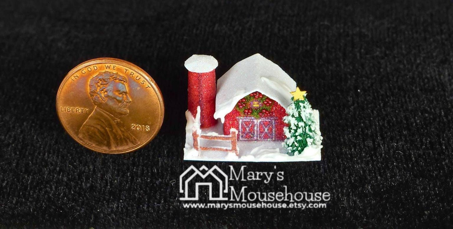 Tiny Christmas Putz Glitter Barn W/ Silo - Dollhouse Miniature 1:12 ...