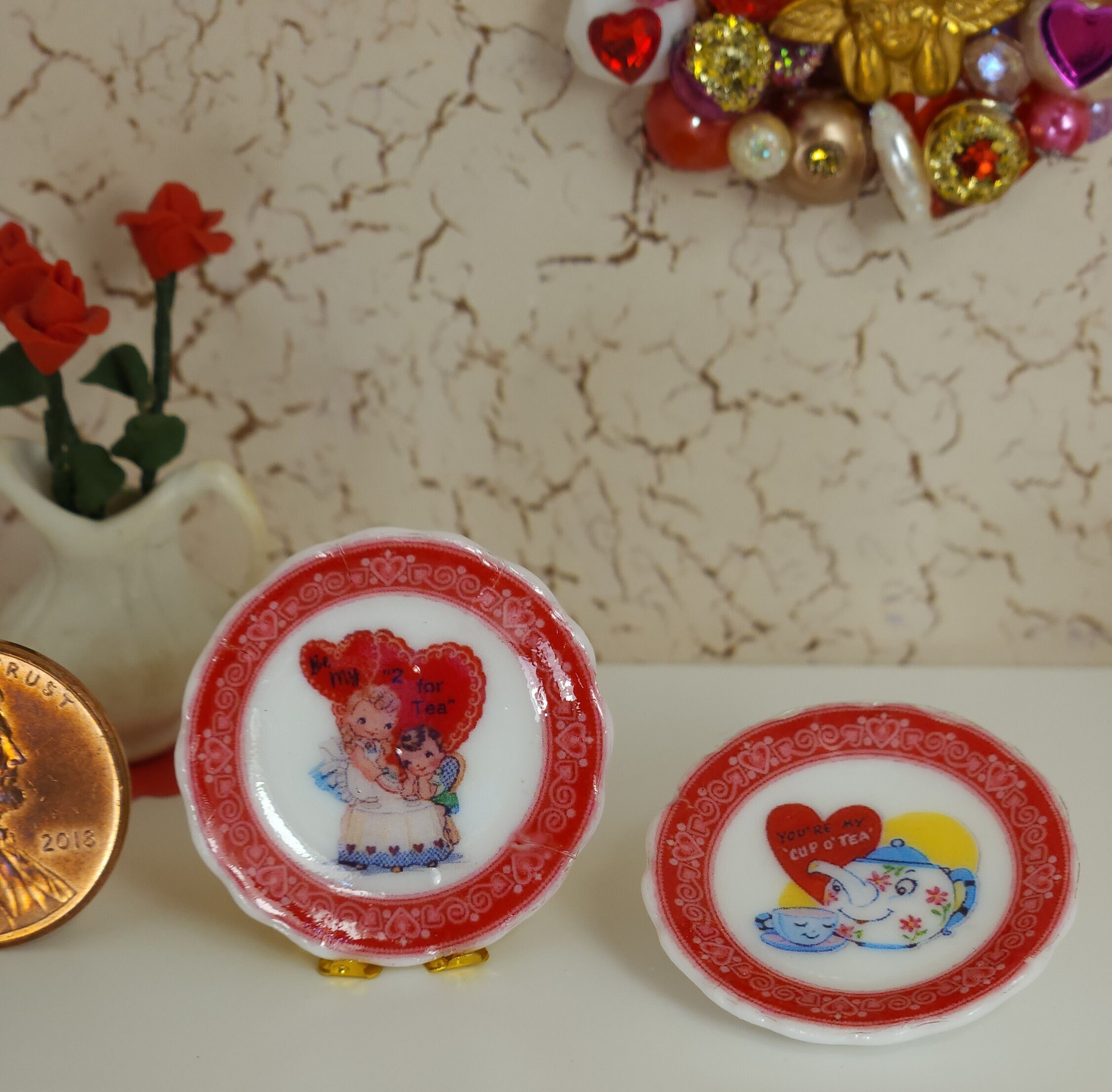 Dollhouse Miniature Valentines Day Plates Set Of 2 1 12 Scale Vintage