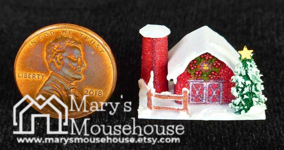 Tiny Christmas Putz Glitter Barn W/ Silo - Dollhouse Miniature 1:12 ...