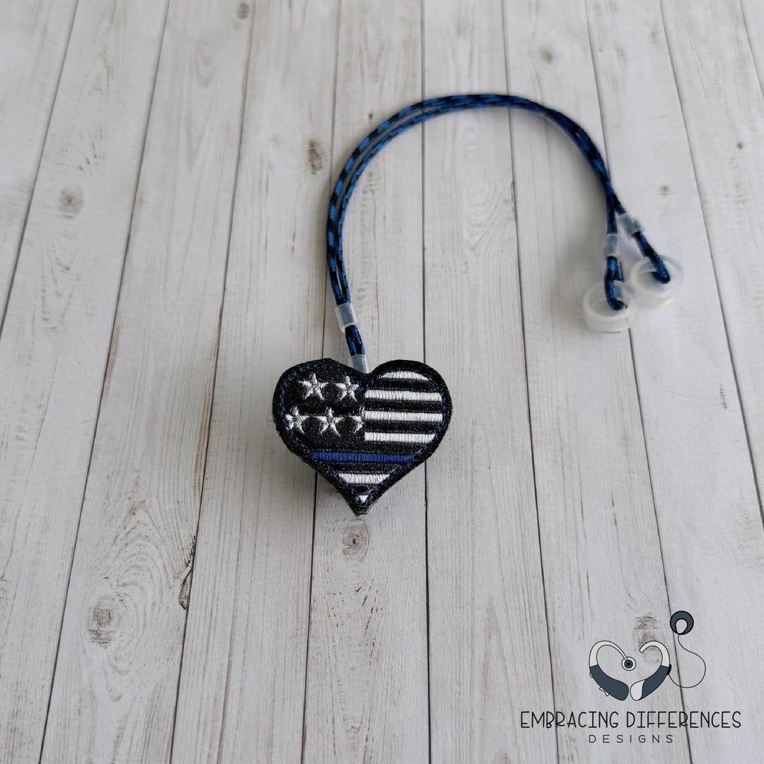 Thin Blue Line Heart Hearing Aid or Cochlear Implant Leash / Retention ...