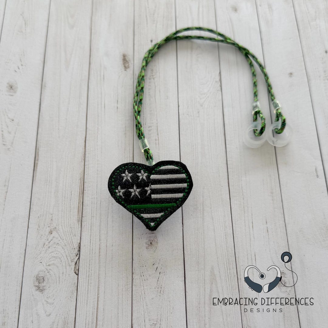 Thin Green Line Heart Hearing Aid or Cochlear Implant Leash / Retention ...