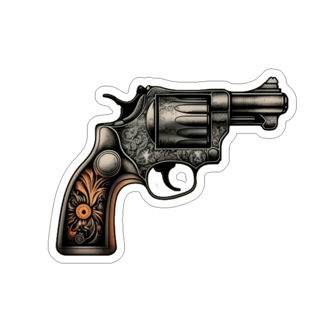Fancy Engraved Revolver Sticker, Gamer Pistol Steampunk Decal, Mens ...