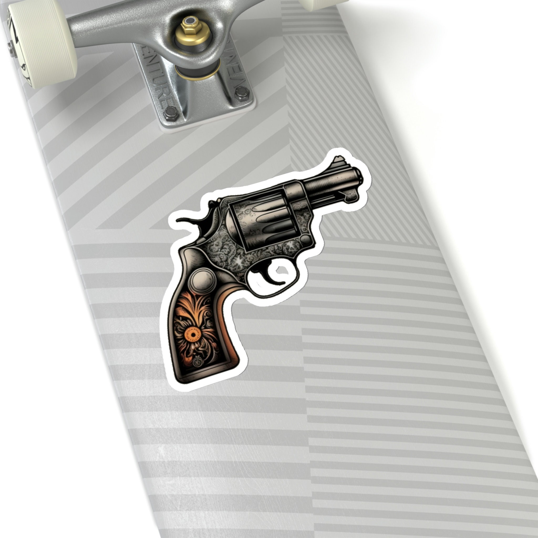 Fancy Engraved Revolver Sticker, Gamer Pistol Steampunk Decal, Mens ...