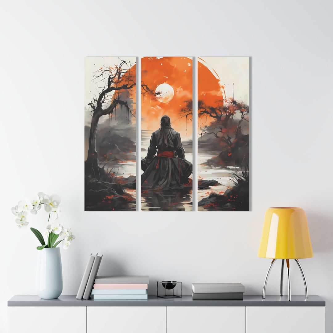 Meditating Samurai Triptych Style Acrylic Prints, Japanese Ink Painting ...