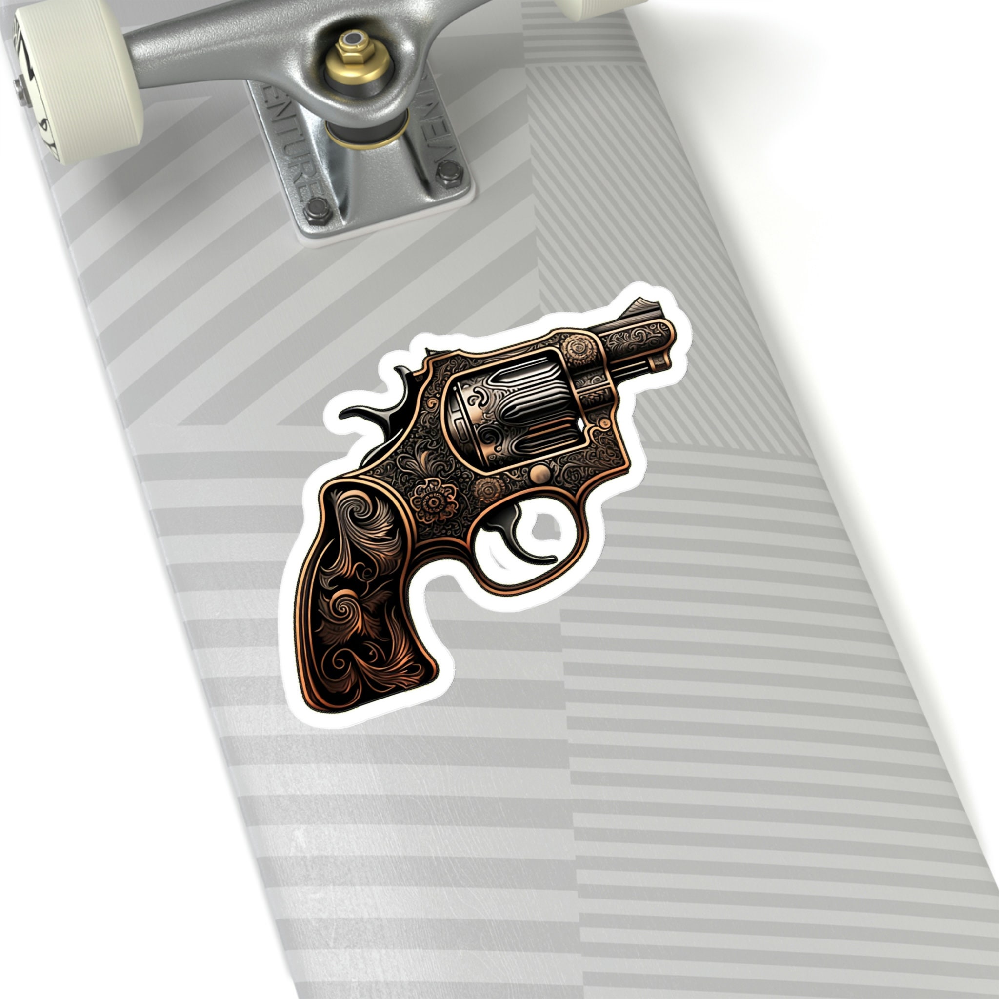 Steampunk Engraved Revolver Sticker, Gamer Pistol Decal, Mens Womens ...