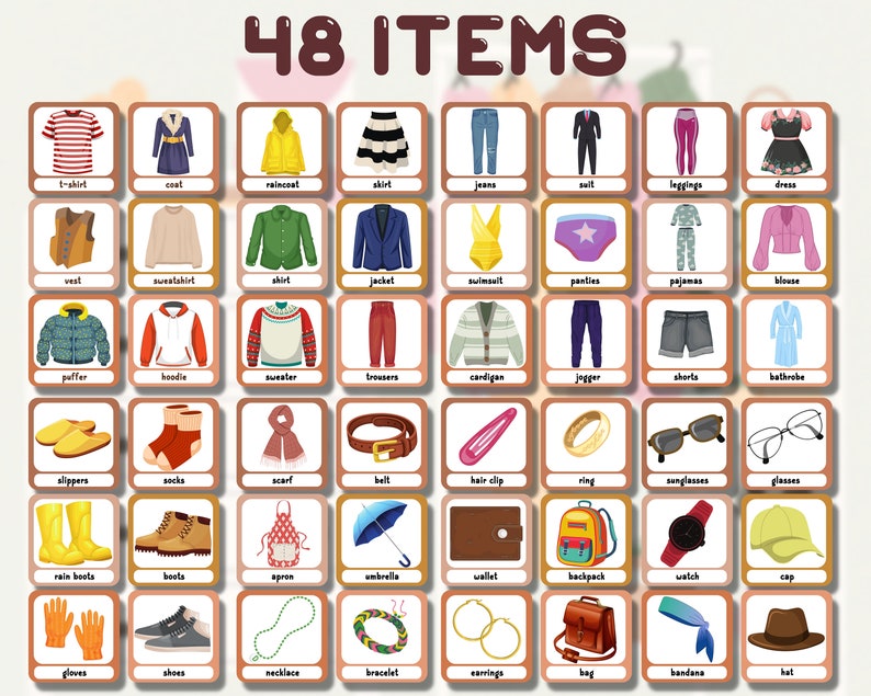 Clothes and Accessories Printable Flashcards/drawer Labels for Kids ...