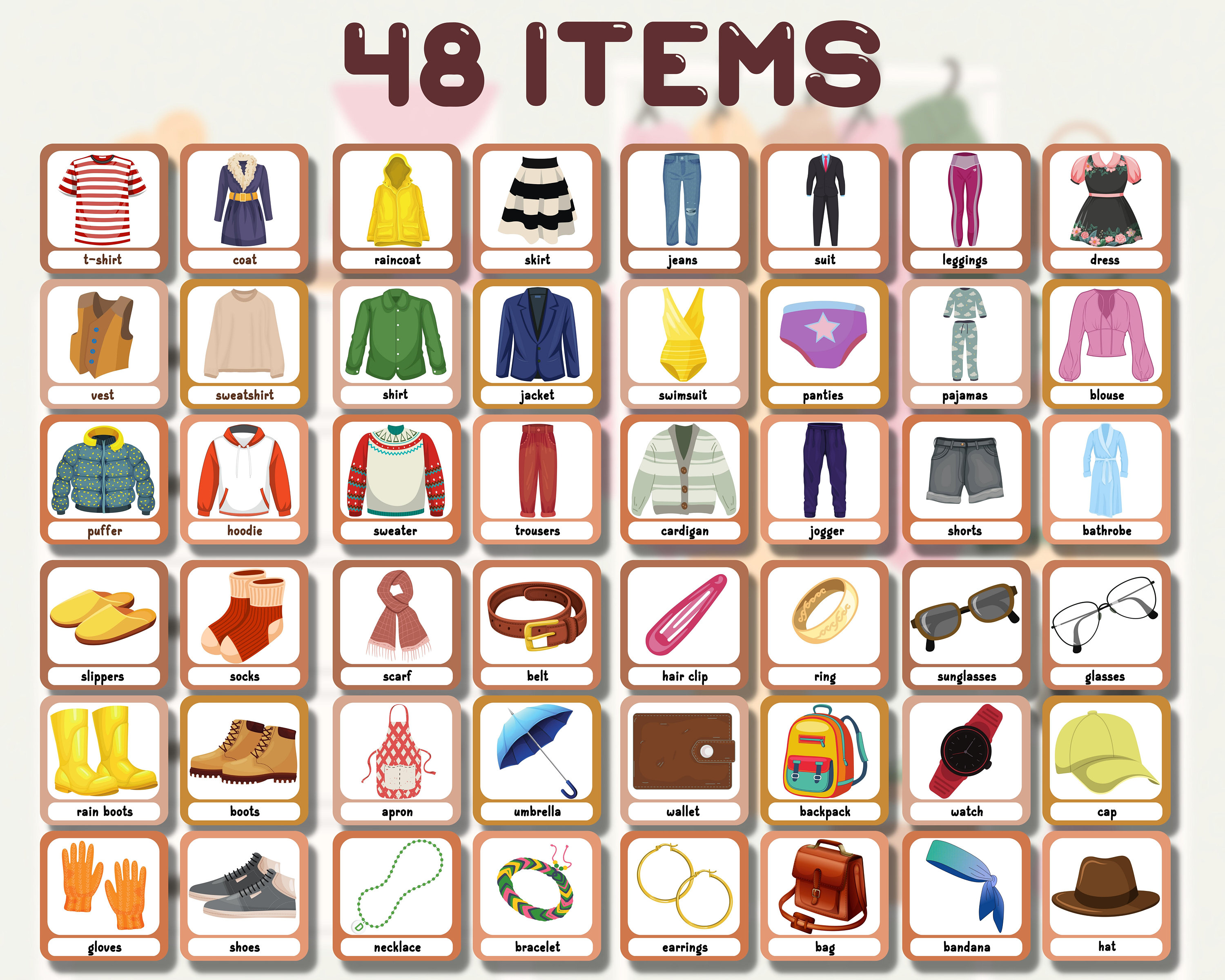 Clothes and Accessories Printable Flashcards/drawer Labels for Kids ...