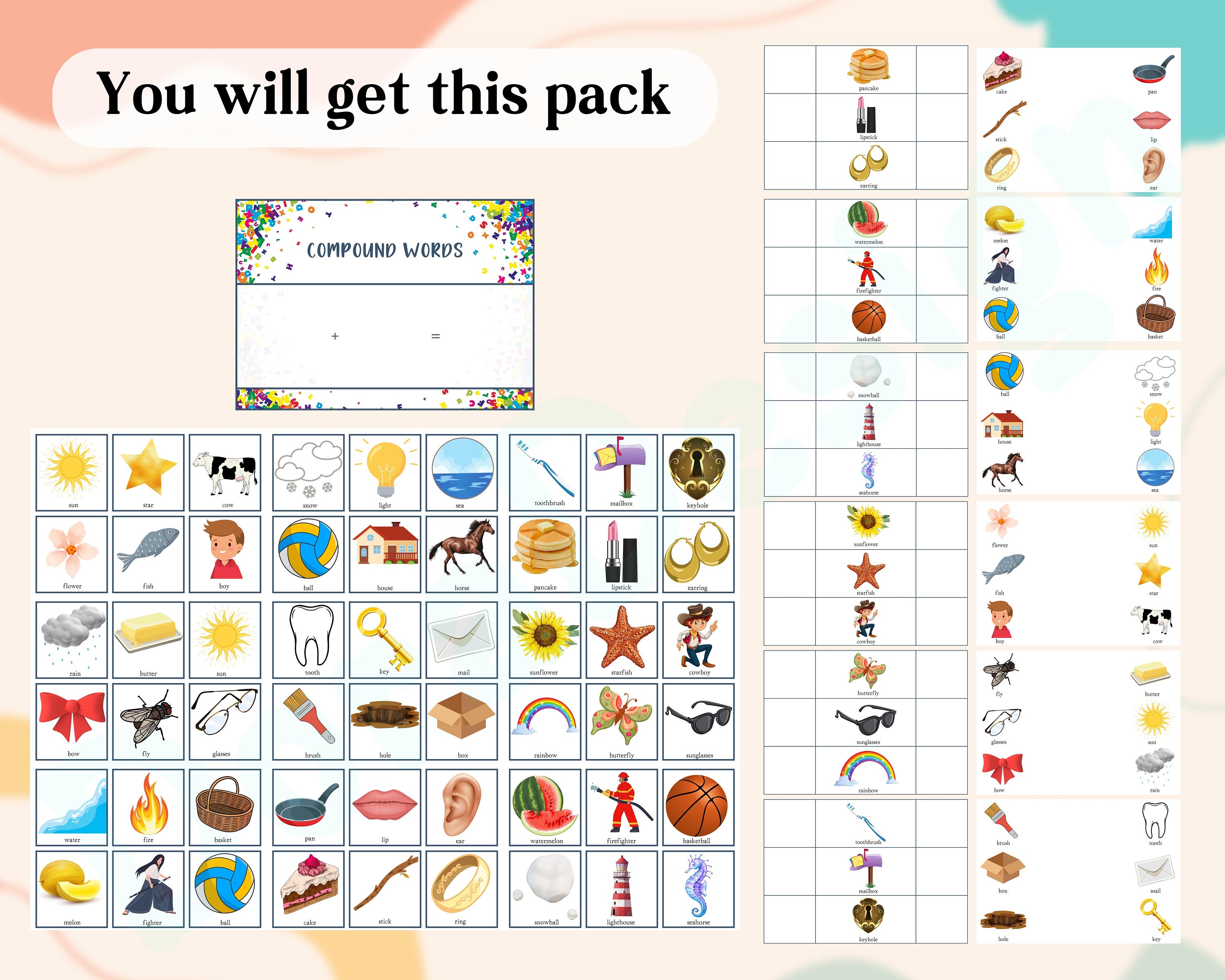 Compound Words Activity Pages Cards, Phonics Game, Kindergarten, First ...