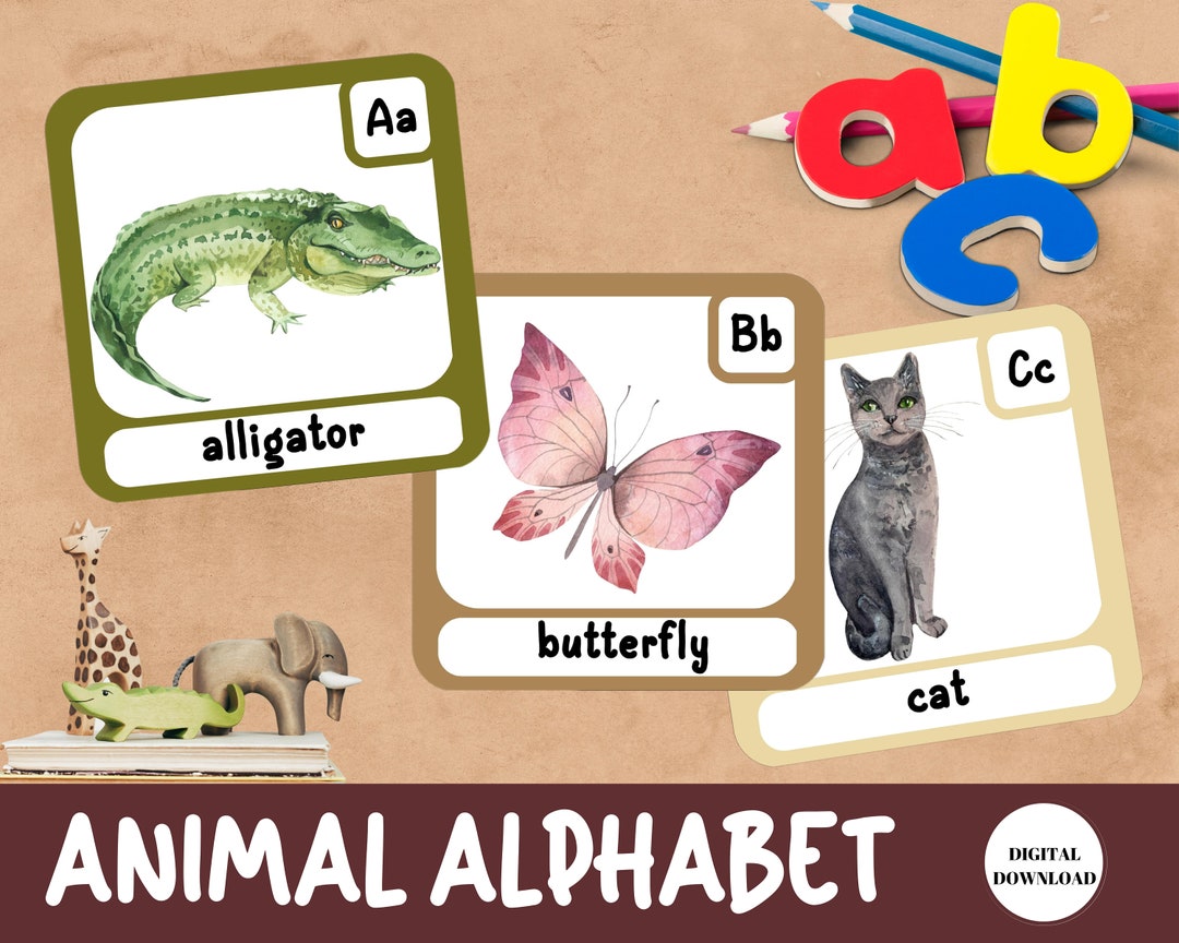 Watercolor Animal Alphabet Flashcards for Kids, Preschool Alphabet ...