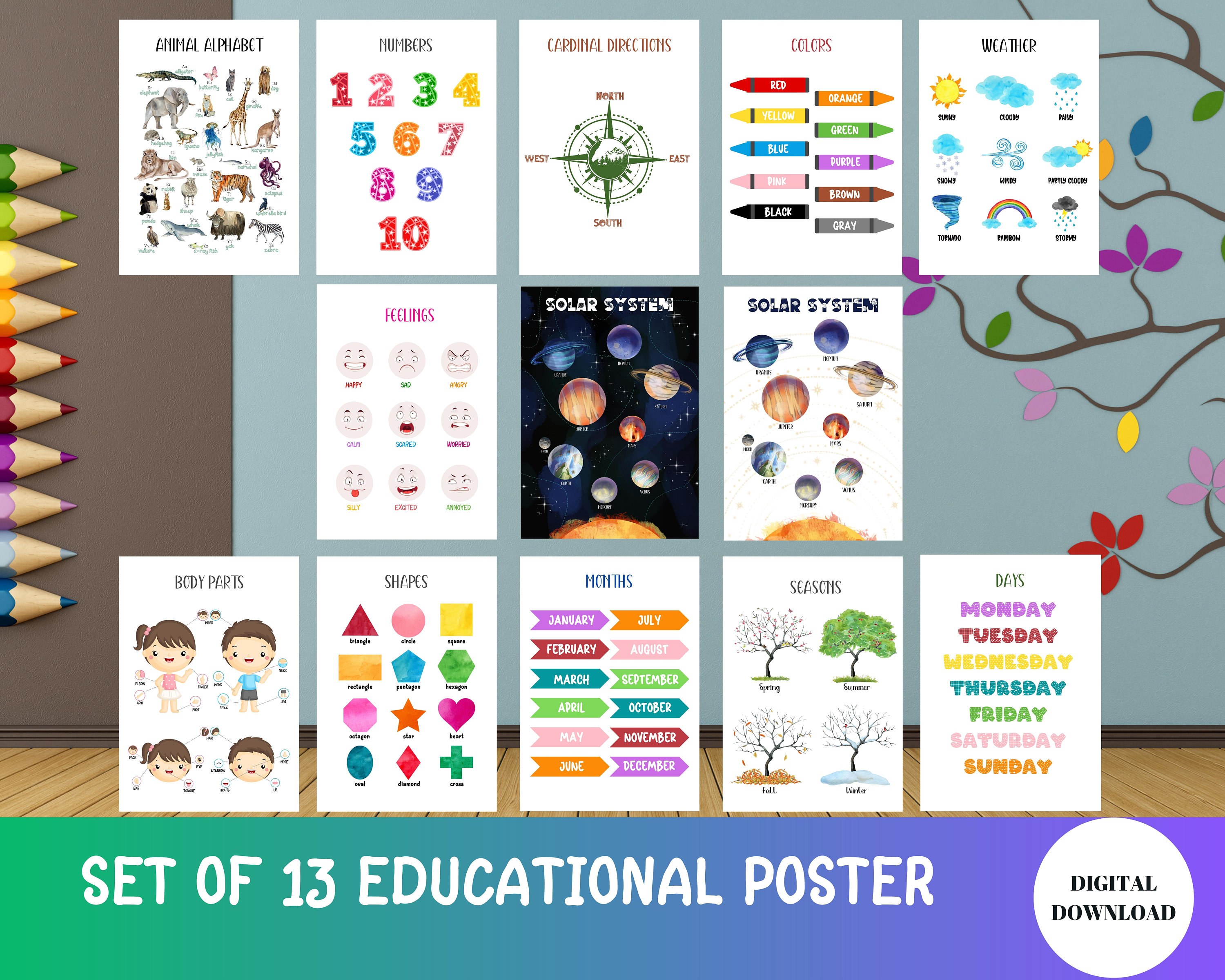 Set of Educational Posters for Kids Room, Classroom Playroom Wall Art ...