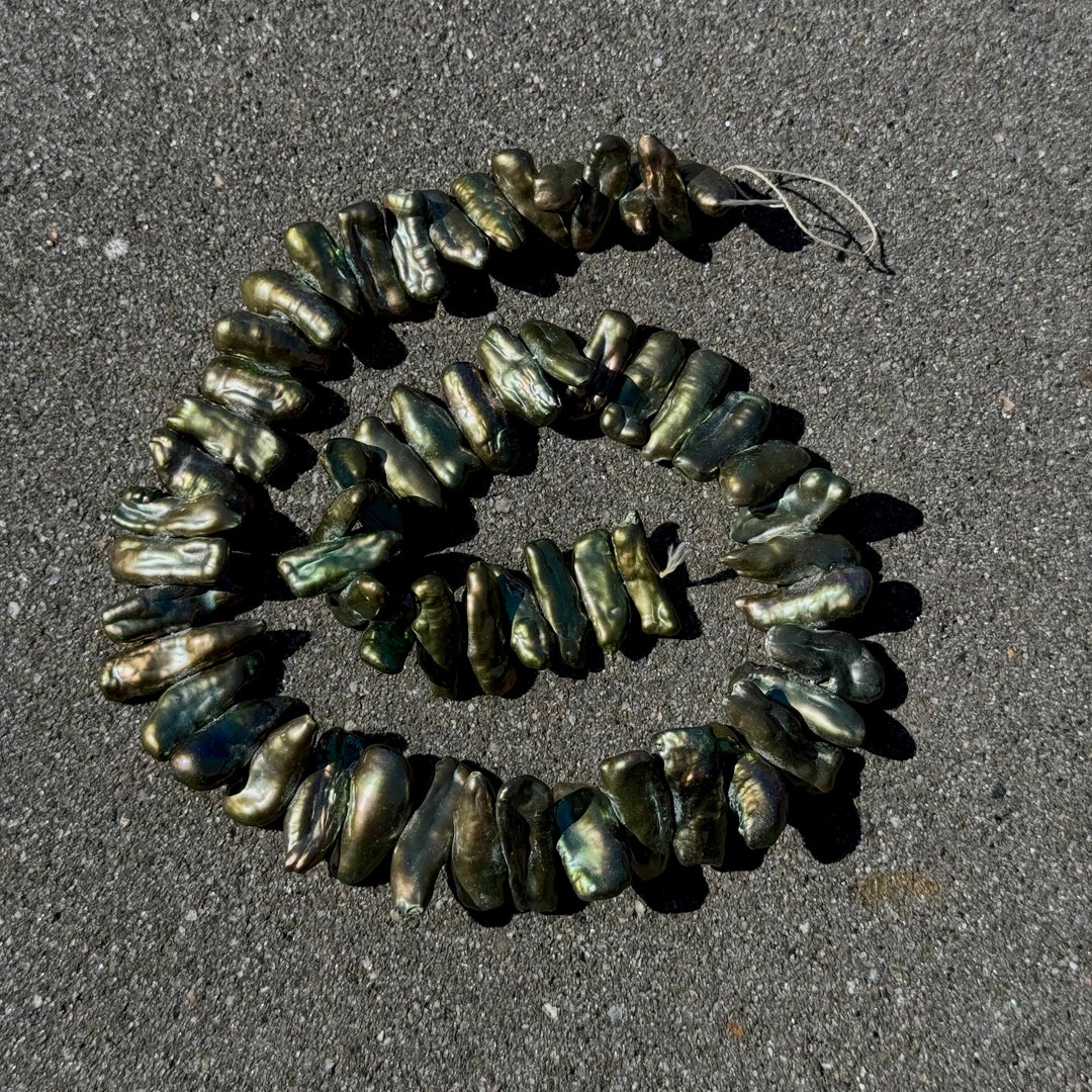8-12mmx 22mm Biwa Pearls, Side Drill Biwa Stick Pearl Beads, Peacock ...